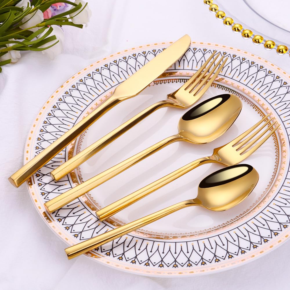 Aimilan 30 Piece Gold Flatware Set Service for 6, 18/10 Stainless Steel Hexagonal diamond Handle Silverware Set, Thickened tableware Cutlery Set, Mirror Polished, Dishwasher Safe