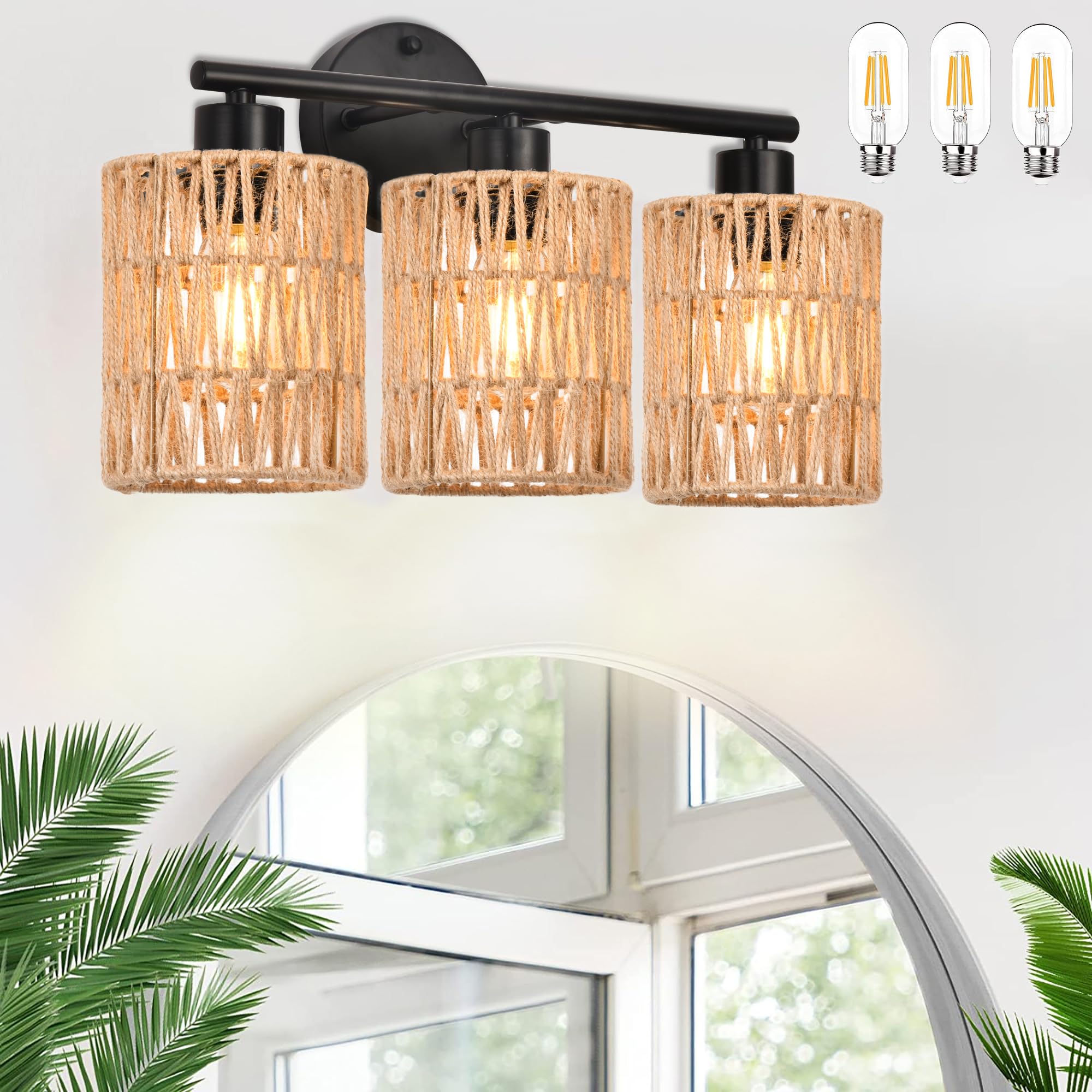 3-Light Black Bathroom Light Fixtures,Modern Rattan Bathroom Vanity Light Over Mirror,Rustic Bath Wall Mount Lights Fixtures with Boho Woven Wicker Lampshade,Farmhouse Wall Sconces Lamp for Bedroom
