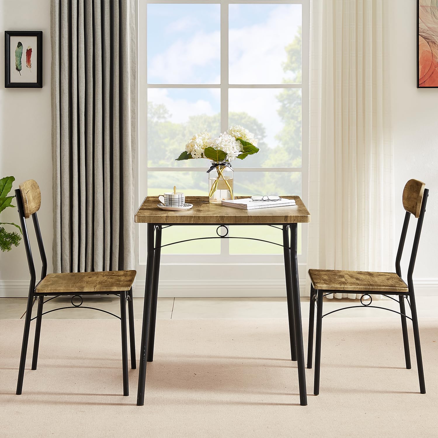 VECELO 3 Piece Dining Set, Metal and Wood Square Kitchen Breakfast Nook, Dinette, Table & Chair for 2, Brown
