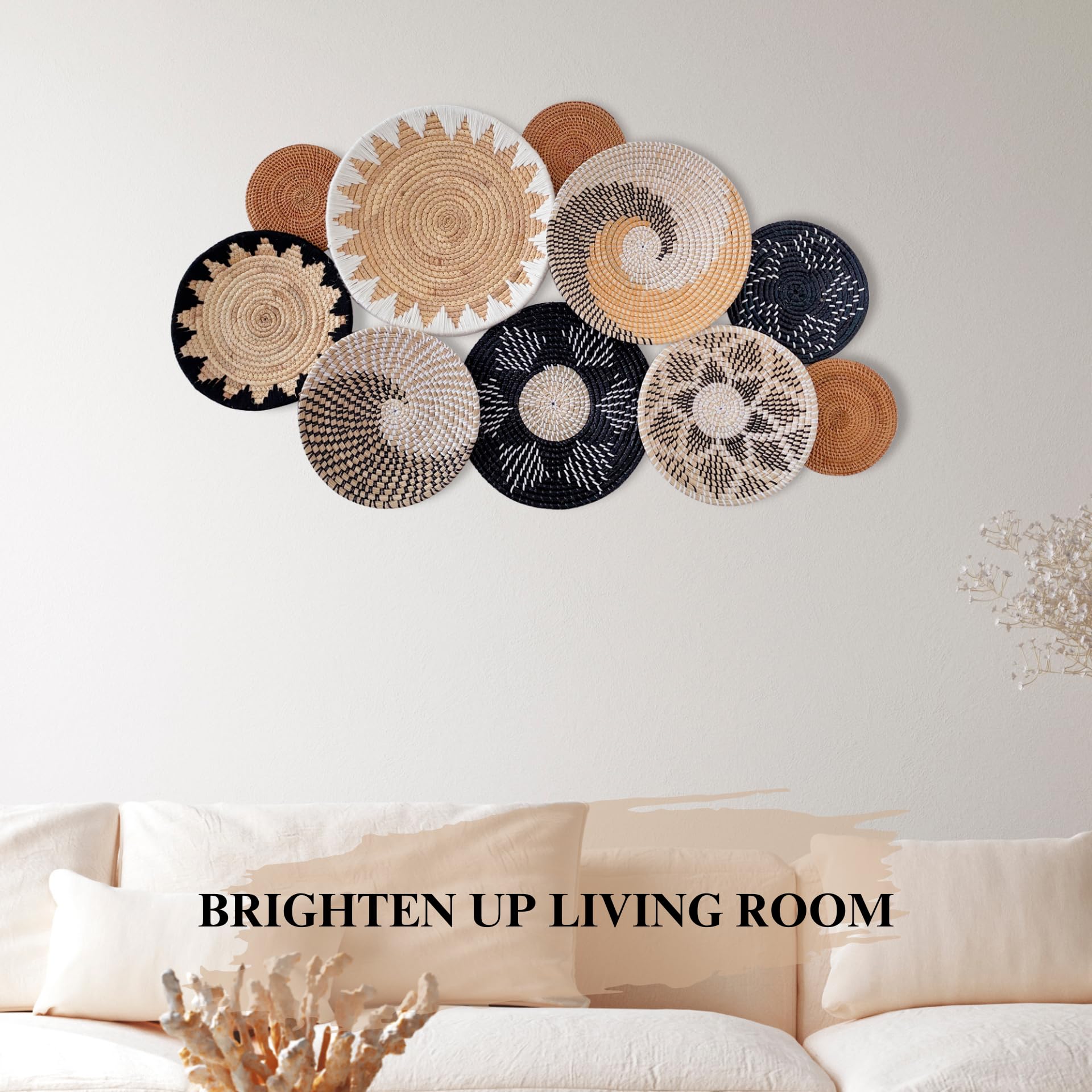 ChumDecor Set of 10 Handcrafted Boho Wall Basket Decor, Wall Hanging Baskets, Decorative Plates for Wall, Handmade from Vietnam Unique Wicker Wall Art Decor