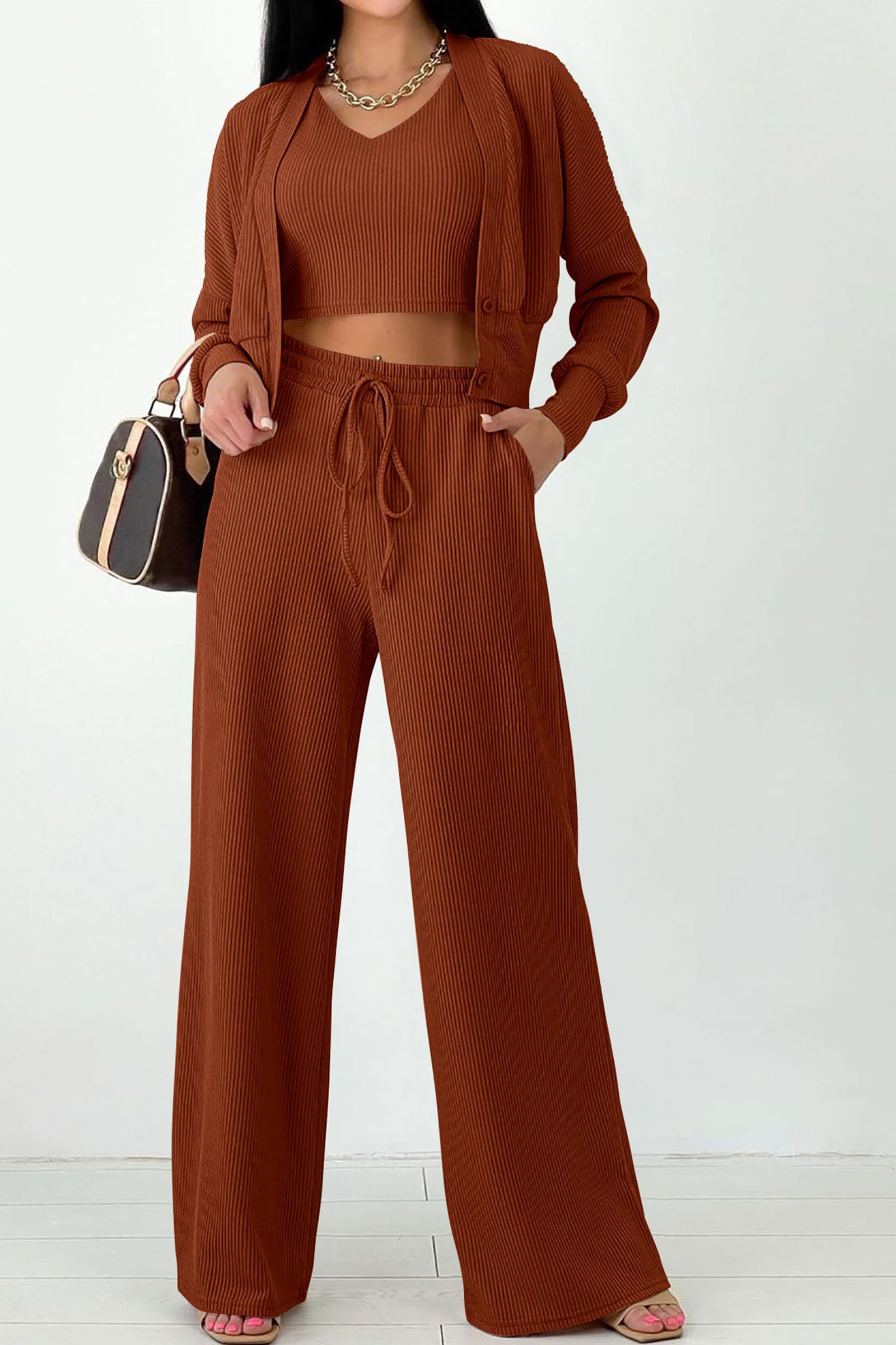 PRETTYGARDEN Womens 2024 Fall Track Suits 3 Piece Outfits Matching Sets Ribbed Knit Cardigan Cropped Tank Tops Wide Leg Pants (Brown,Large)