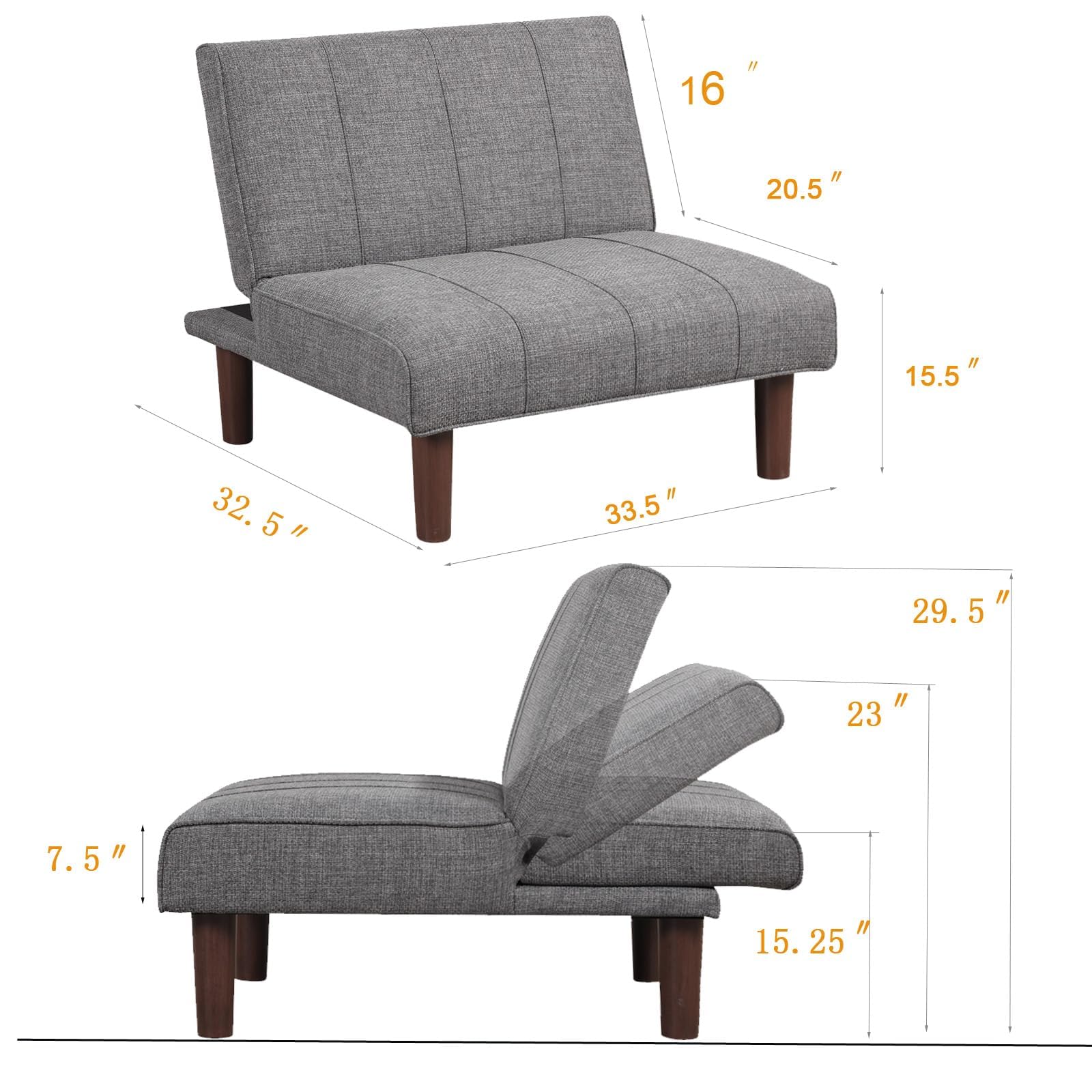 Small Futon Sofa Couch,Upholstered Convertible Modern Futon Chair, Armless Comfy Mini Sofa Couches for Small Spaces Living Room Apartment ,Office Studio Dorm ,Kids Room,Gray Dog Cat Couch Bed 305DR1