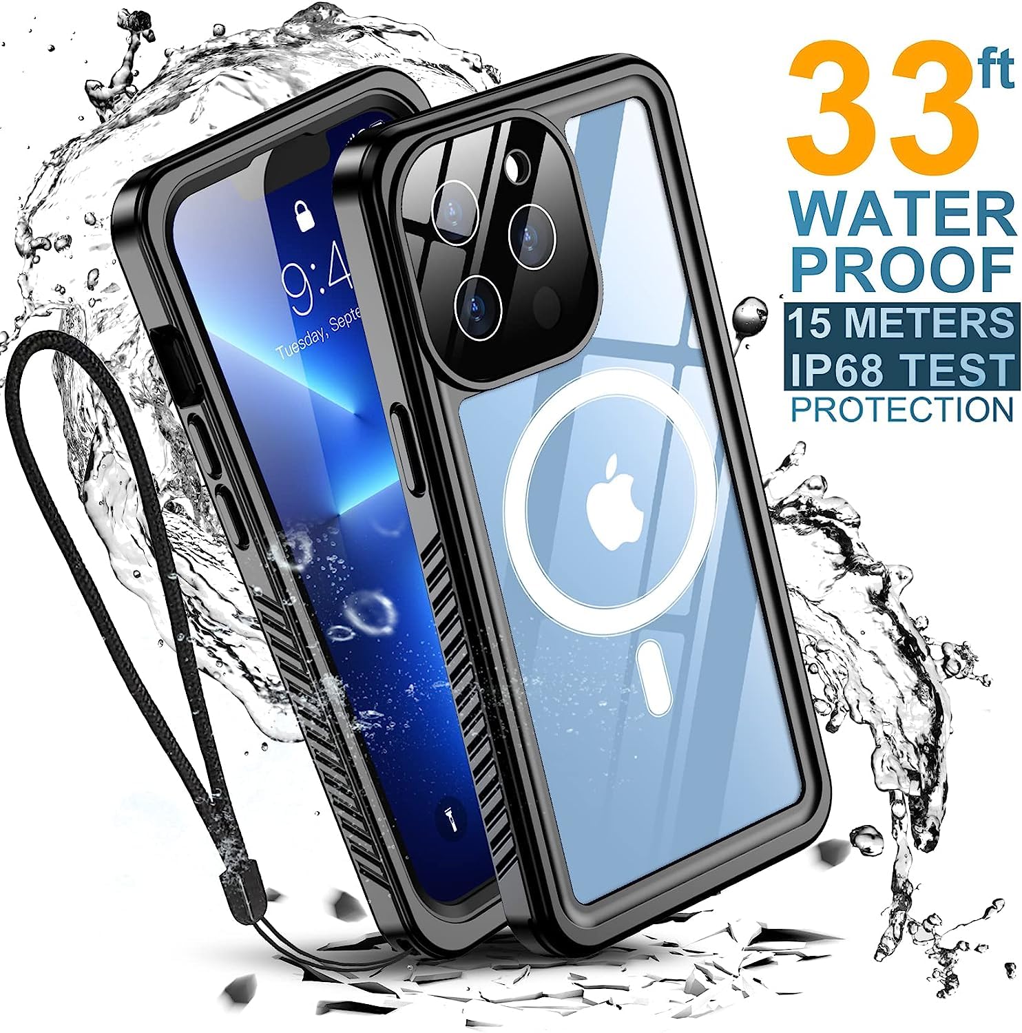 Temdan for iPhone 13 Pro Max Case Waterproof,Built-in 9H Tempered Glass Screen Protector [Real 360][IP68 Underwater][Military-Grade Protection][Dustproof][Compatible with MagSafe] - Clear/Black