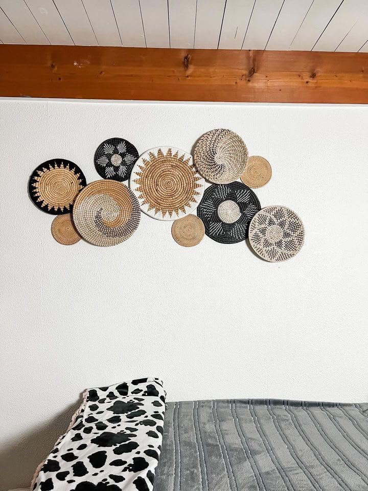 ChumDecor Set of 10 Handcrafted Boho Wall Basket Decor, Wall Hanging Baskets, Decorative Plates for Wall, Handmade from Vietnam Unique Wicker Wall Art Decor