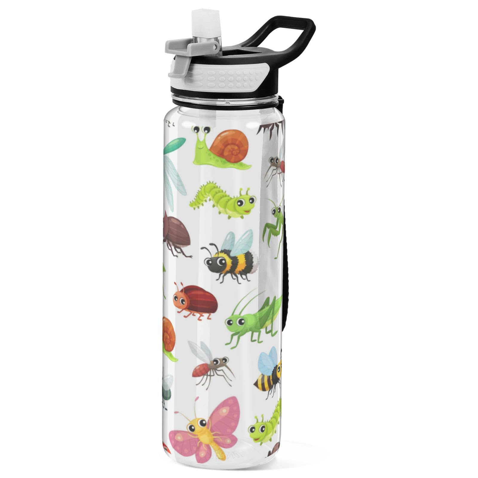 Boccsty Butterfly Bugs Kids Water Bottle with Straw Beetle Dragonfly Ladybug Bee Snail Sports Bottles BPA-Free Tritan Plastic Water Jug for Women Men Gym Outdoors