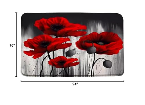 UAEAEX Red Black Flower Bath Mat Burgundy Red Floral Grey Abstract Graffiti Spring Summer Microfiber Memory Foam Bath Kitchen Living Room Foyer Decor Rug
