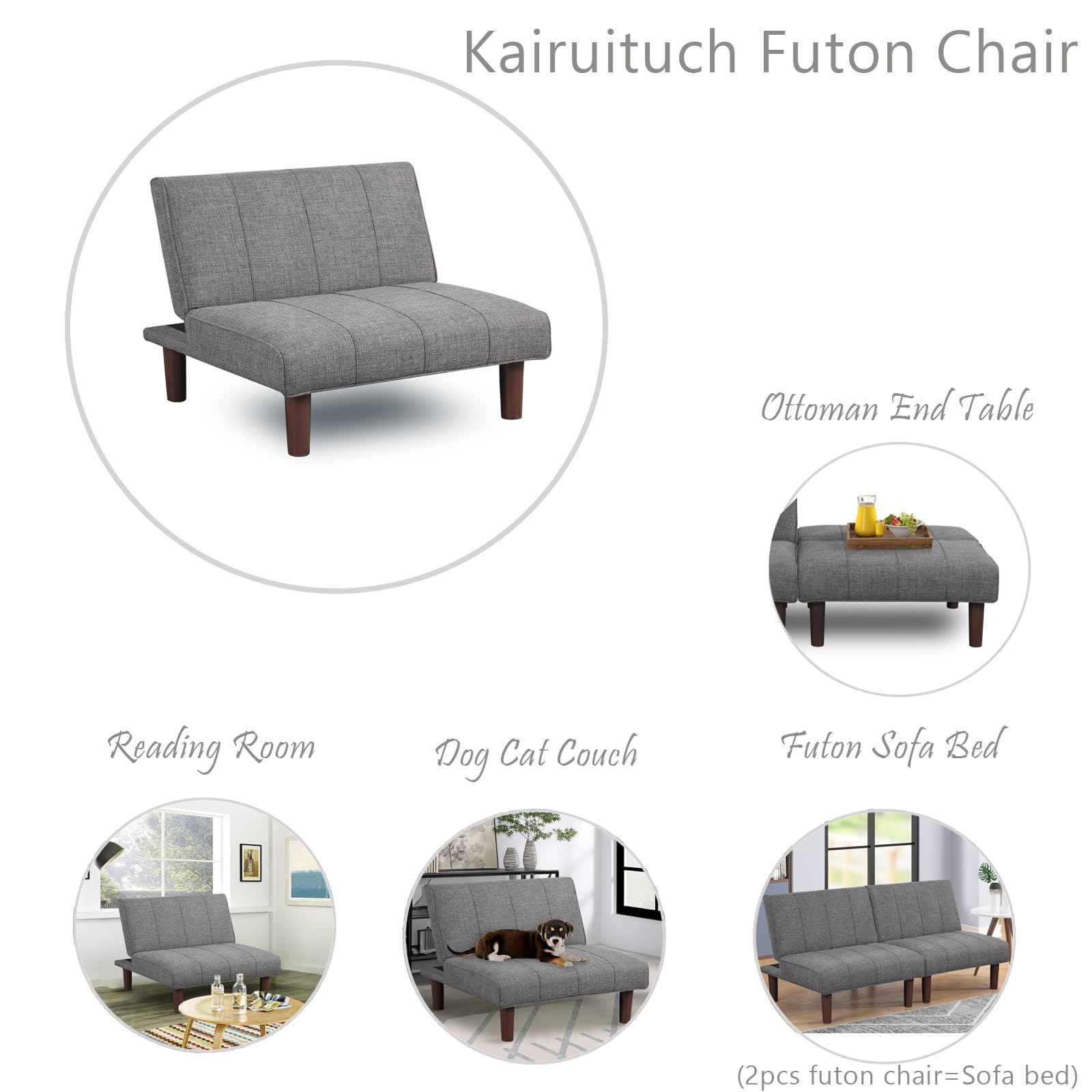 Small Futon Sofa Couch,Upholstered Convertible Modern Futon Chair, Armless Comfy Mini Sofa Couches for Small Spaces Living Room Apartment ,Office Studio Dorm ,Kids Room,Gray Dog Cat Couch Bed 305DR1