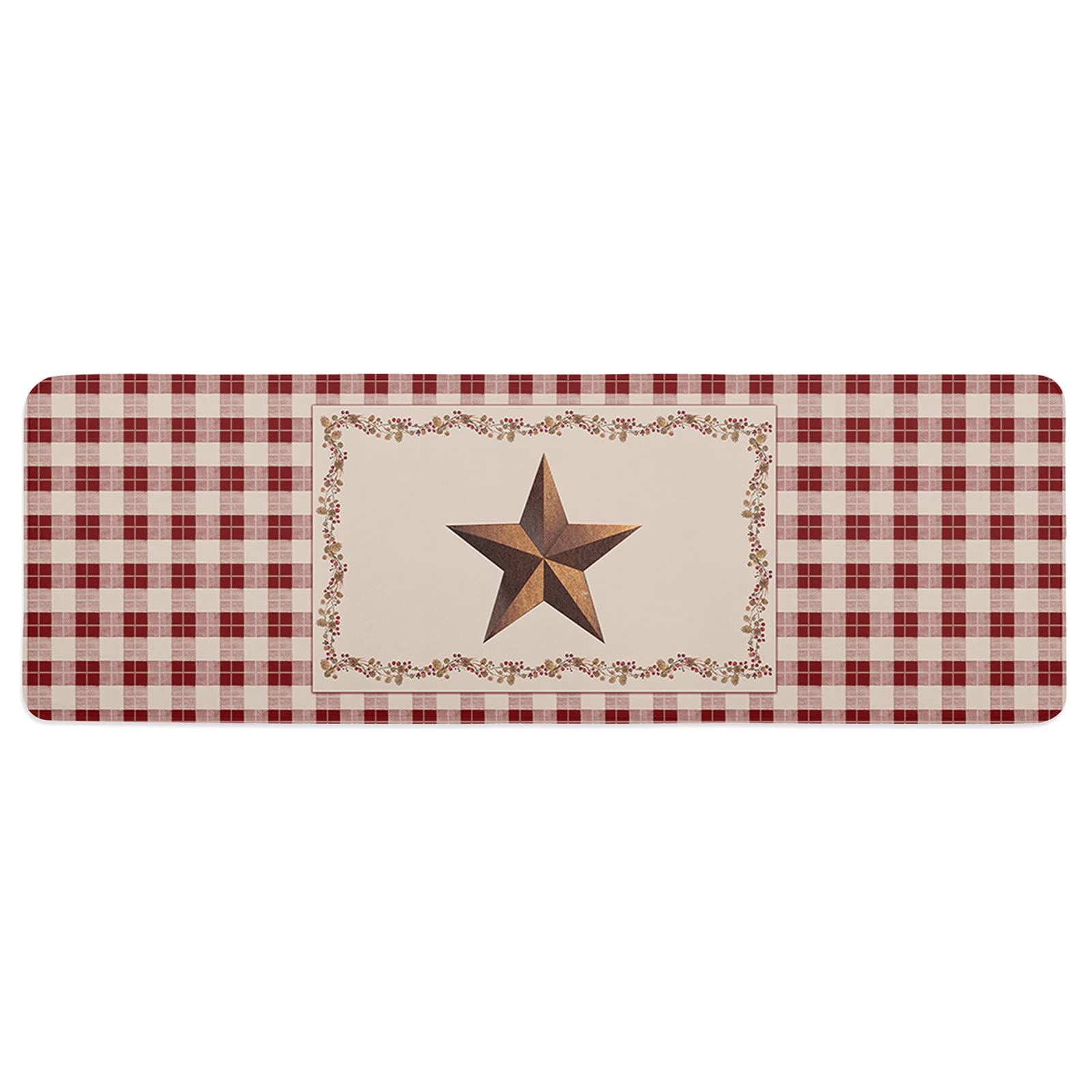 Libaoge Kitchen Mat Rug 1 PCS Rustic Barn Texas Western Star Red Buffalo Plaid Runner Rug Anti-Fatigue Comfort Memory Foam Standing Mat Non-Slip Floor Door Mat for Bathroom Bedroom 16x47in
