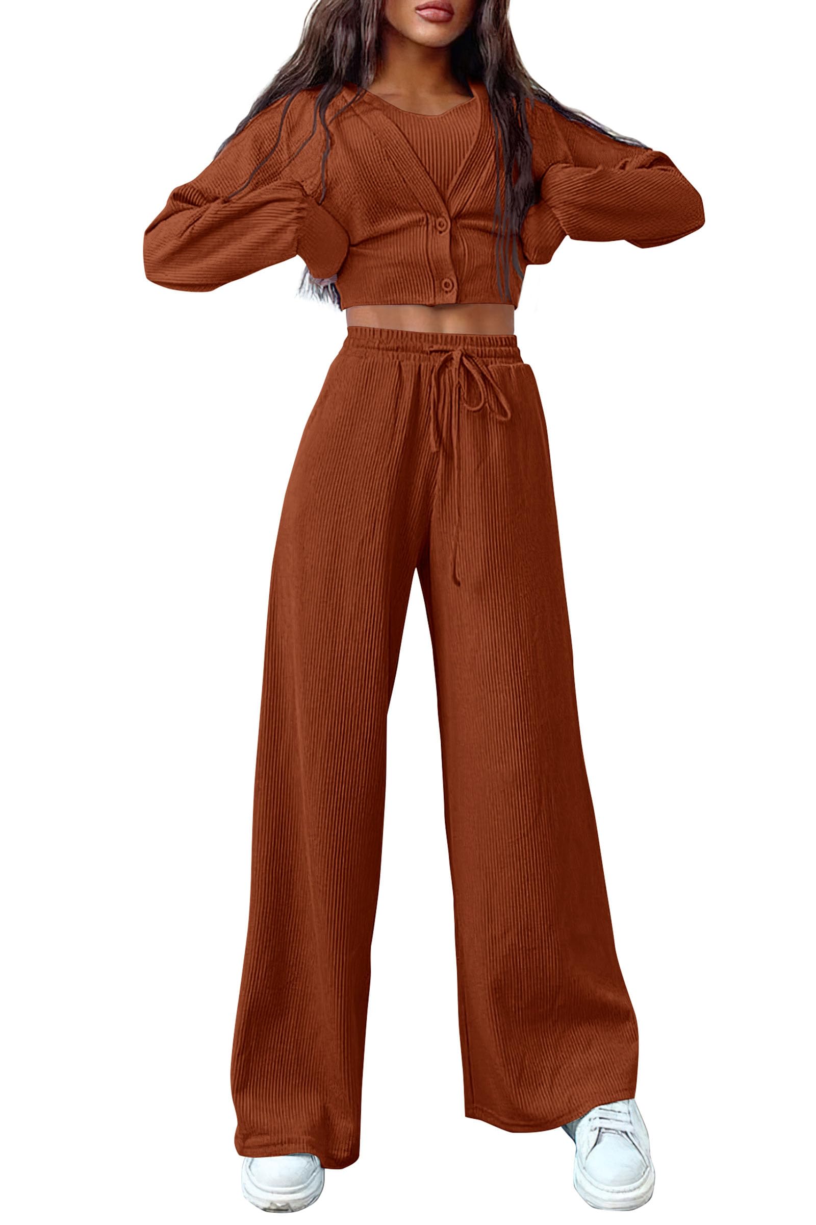 PRETTYGARDEN Womens 2024 Fall Track Suits 3 Piece Outfits Matching Sets Ribbed Knit Cardigan Cropped Tank Tops Wide Leg Pants (Brown,Large)