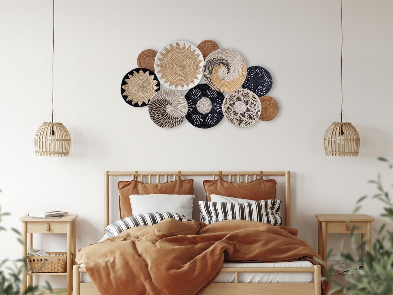ChumDecor Set of 10 Handcrafted Boho Wall Basket Decor, Wall Hanging Baskets, Decorative Plates for Wall, Handmade from Vietnam Unique Wicker Wall Art Decor