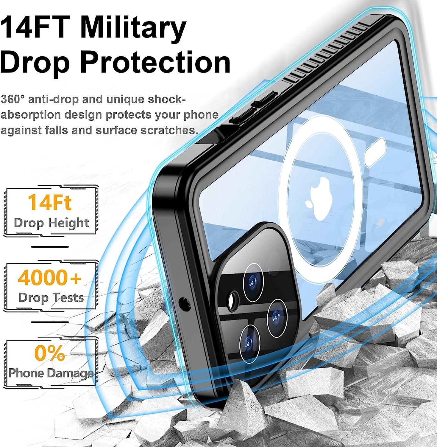 Temdan for iPhone 13 Pro Max Case Waterproof,Built-in 9H Tempered Glass Screen Protector [Real 360][IP68 Underwater][Military-Grade Protection][Dustproof][Compatible with MagSafe] - Clear/Black