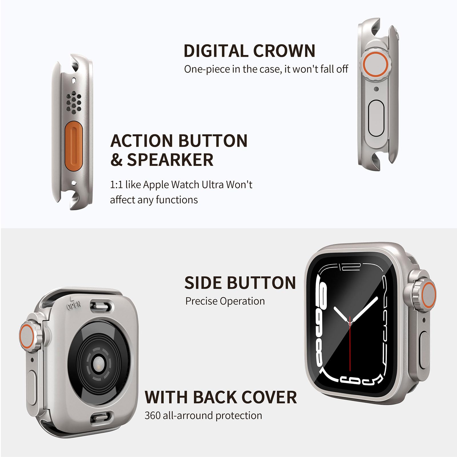 Yolovie 2 in 1 Waterproof Case Compatible for Apple Watch 45mm Screen Protector Series 9/8/7 [ Looks Like Ultra Style Case ] iWatch Tempered Glass Protective PC Back Cover Accessories 45mm, Titanium