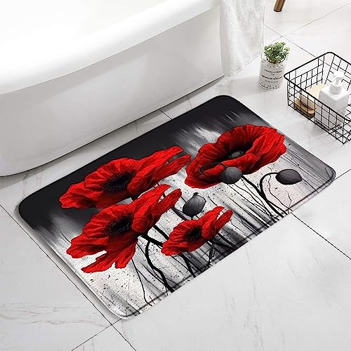 UAEAEX Red Black Flower Bath Mat Burgundy Red Floral Grey Abstract Graffiti Spring Summer Microfiber Memory Foam Bath Kitchen Living Room Foyer Decor Rug