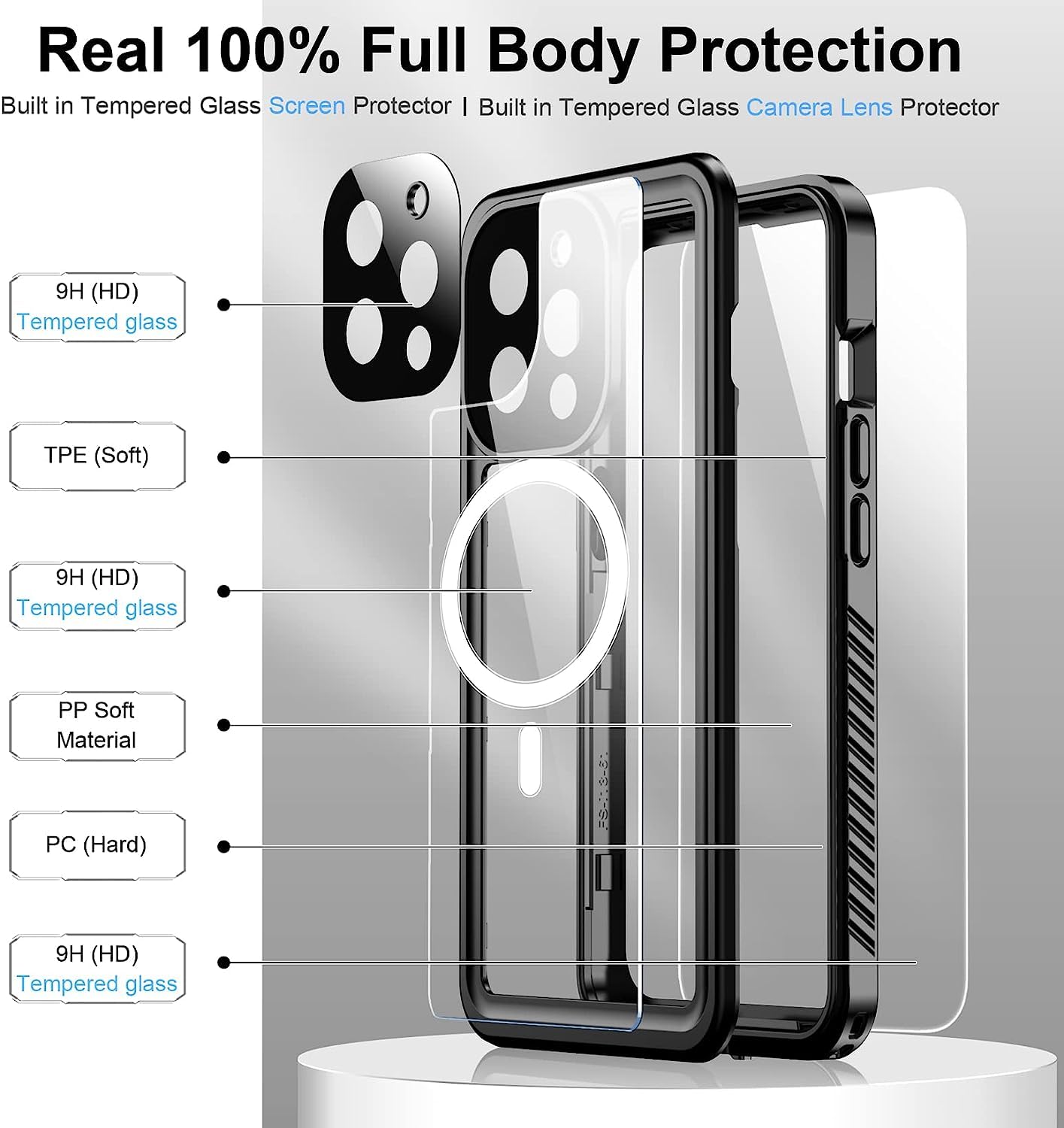Temdan for iPhone 13 Pro Max Case Waterproof,Built-in 9H Tempered Glass Screen Protector [Real 360][IP68 Underwater][Military-Grade Protection][Dustproof][Compatible with MagSafe] - Clear/Black