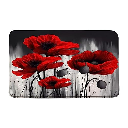 UAEAEX Red Black Flower Bath Mat Burgundy Red Floral Grey Abstract Graffiti Spring Summer Microfiber Memory Foam Bath Kitchen Living Room Foyer Decor Rug