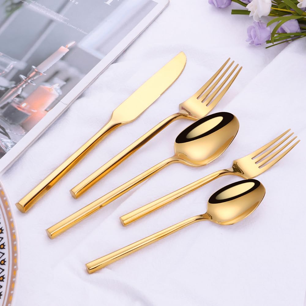Aimilan 20 Piece Gold Flatware Set Service for 4, 18/10 Stainless Steel Hexagonal diamond Handle Silverware Set, Thickened tableware Cutlery Set, Mirror Polished, Dishwasher Safe