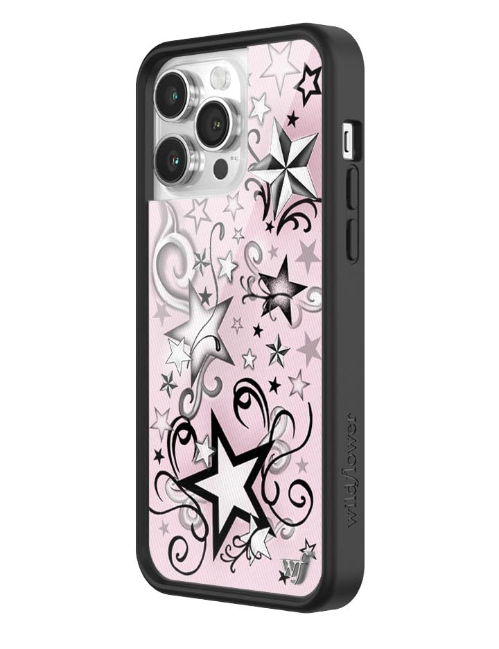 Wildflower Cases - Star Tattoo Case, Compatible with Apple iPhone 14 Pro Max | Pink, Black, Stars, Trendy, Cute, Tattoos - Protective Black Bumper, 4ft Drop Test Certified, Women Owned Small Business