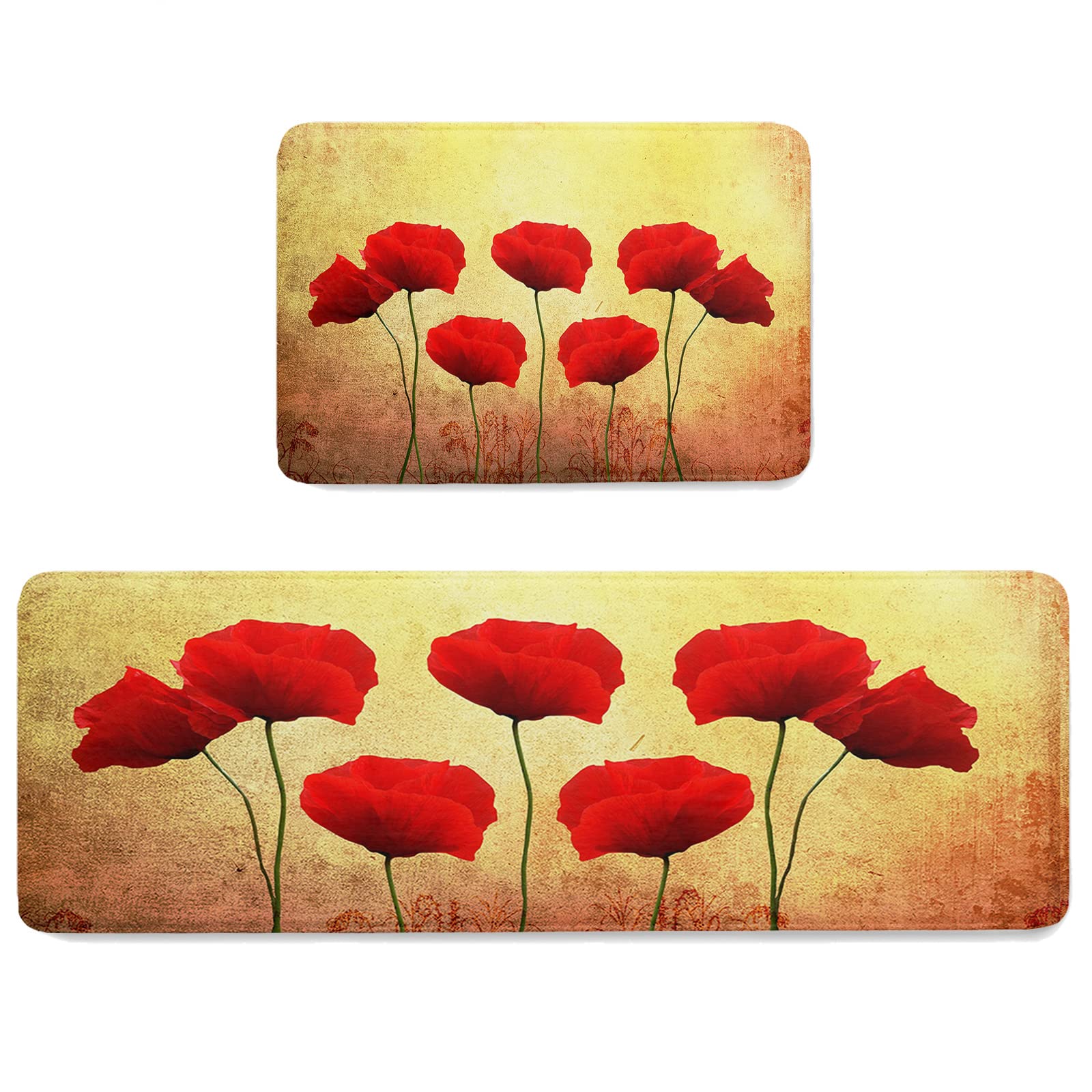 Libaoge Kitchen Mat Rug Set of 2 Red Flowers Under Sunset Runner Rug Anti-Fatigue Comfort Memory Foam Standing Mat Non-Slip Floor Door Mat for Bathroom Bedroom 20x32in+20x63in