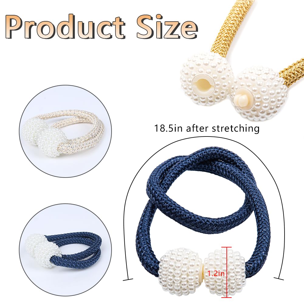 4PCS Magnetic Curtain Tiebacks Buckle Type Pearl Curtain Tie, Curtain Tie Rope Tie Without Drilling Free Installation（2*White and 2*Blue）