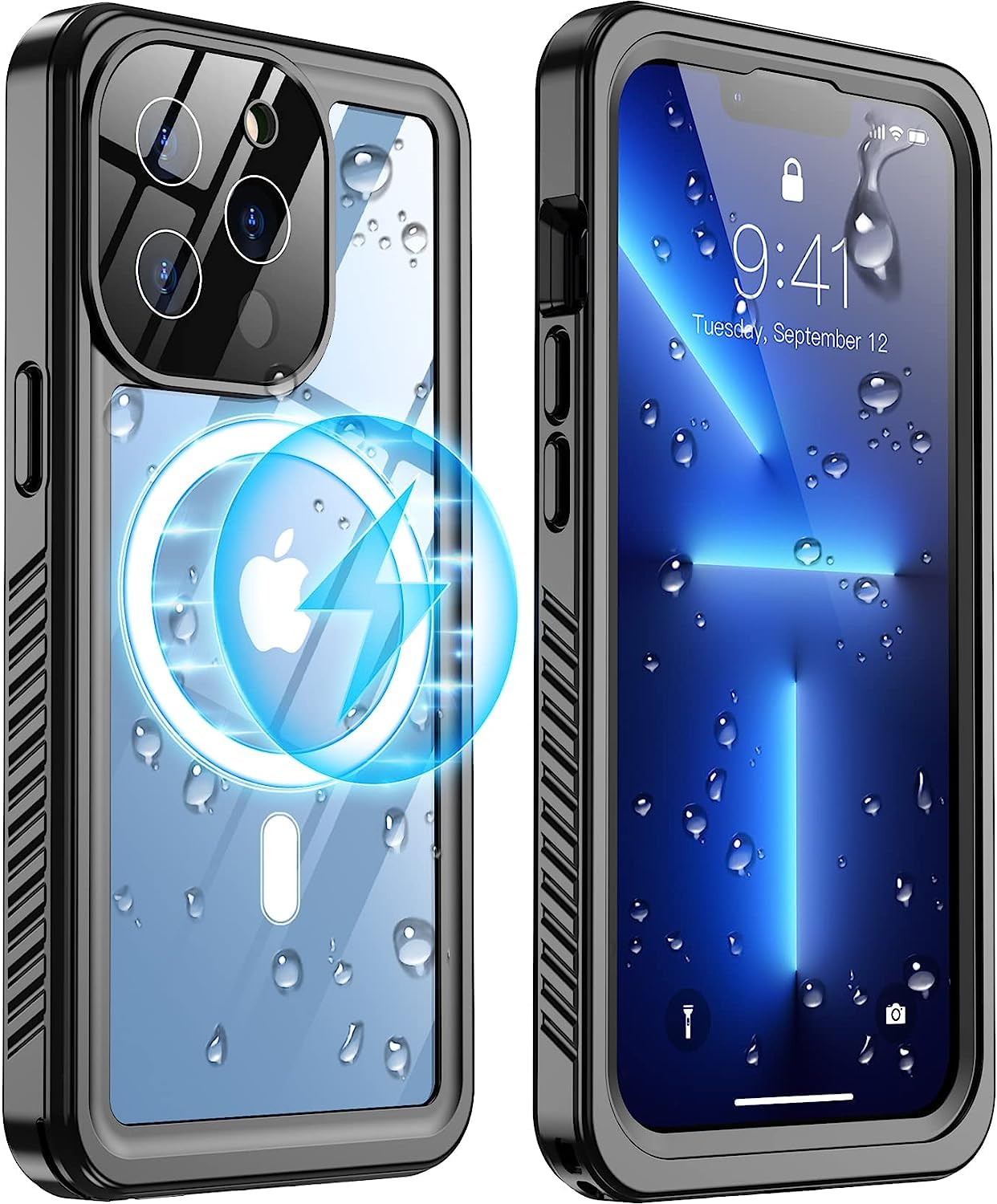 Temdan for iPhone 13 Pro Max Case Waterproof,Built-in 9H Tempered Glass Screen Protector [Real 360][IP68 Underwater][Military-Grade Protection][Dustproof][Compatible with MagSafe] - Clear/Black