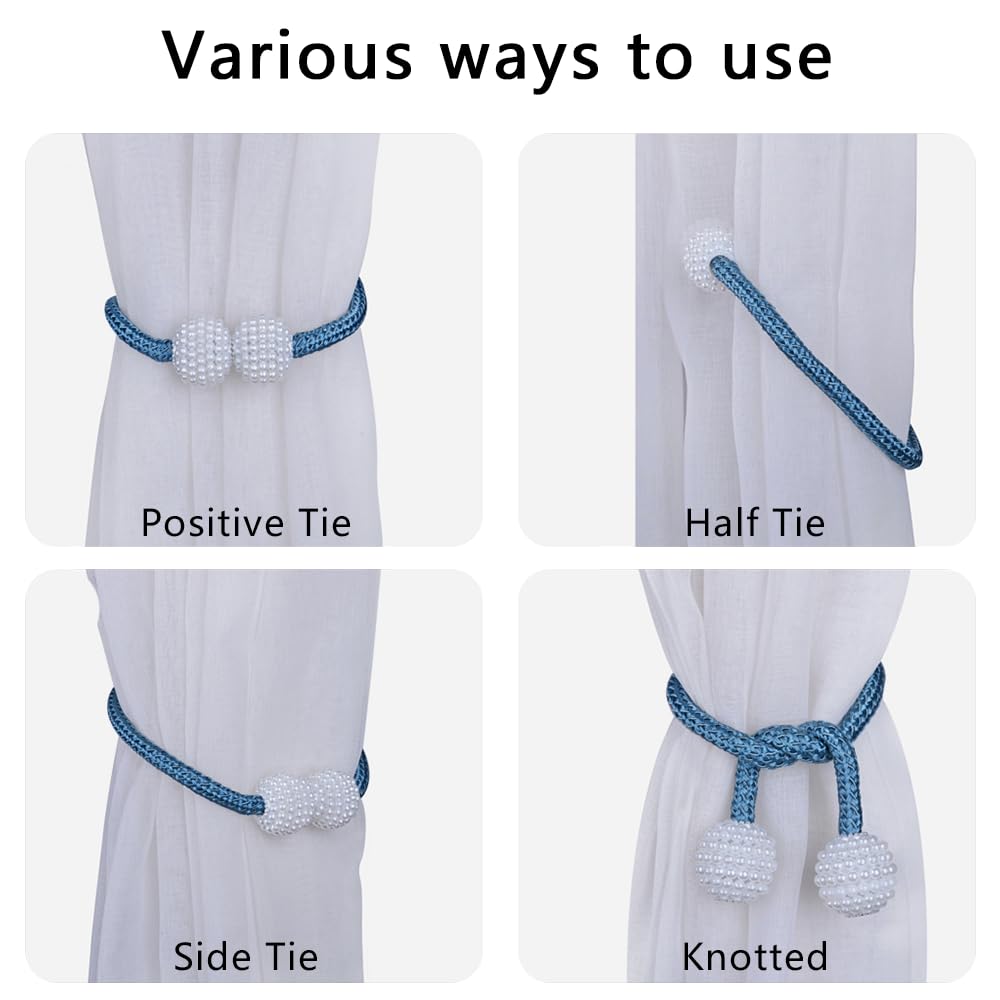 4PCS Magnetic Curtain Tiebacks Buckle Type Pearl Curtain Tie, Curtain Tie Rope Tie Without Drilling Free Installation（2*White and 2*Blue）