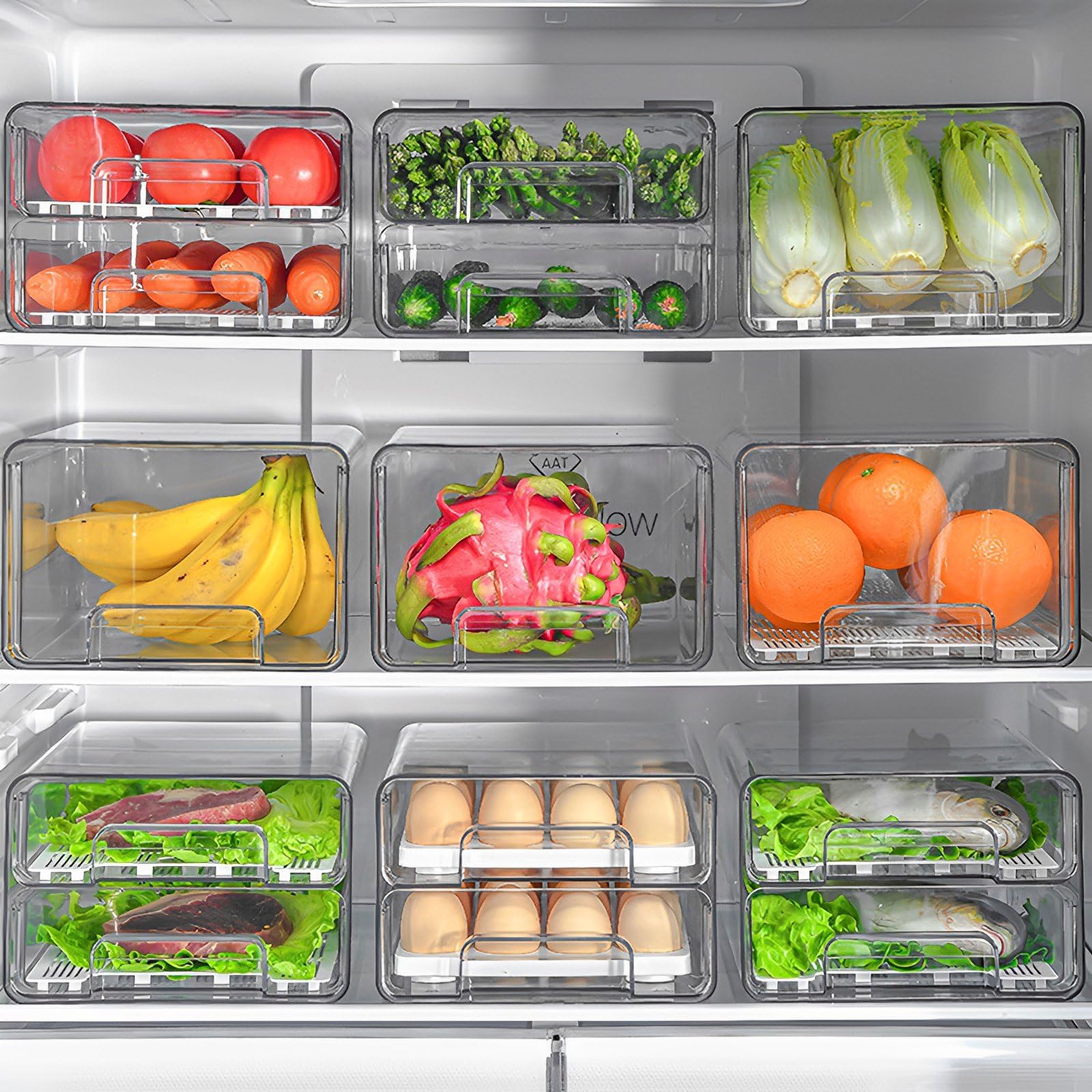ZENVY 3-Pack Double Layer Fridge Storage Container | Clear Food Storage Pull Out Bins | For Fridge, Pantry, Or Toy Orginization (3)
