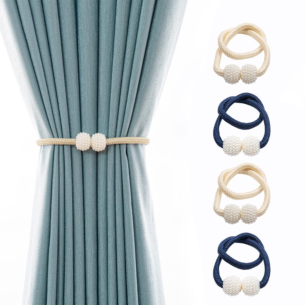 4PCS Magnetic Curtain Tiebacks Buckle Type Pearl Curtain Tie, Curtain Tie Rope Tie Without Drilling Free InstallationïŒ2*White and 2*BlueïŒ