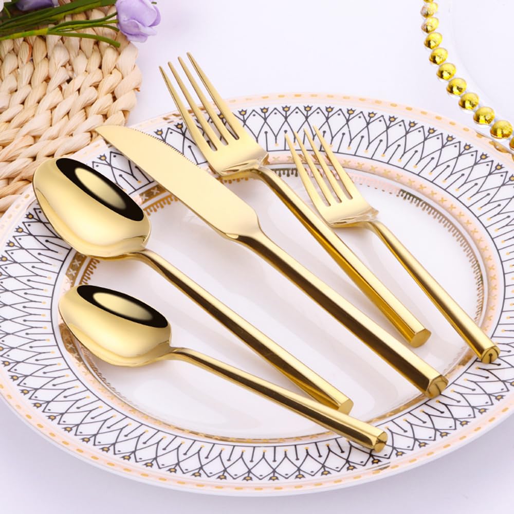 Aimilan 20 Piece Gold Flatware Set Service for 4, 18/10 Stainless Steel Hexagonal diamond Handle Silverware Set, Thickened tableware Cutlery Set, Mirror Polished, Dishwasher Safe