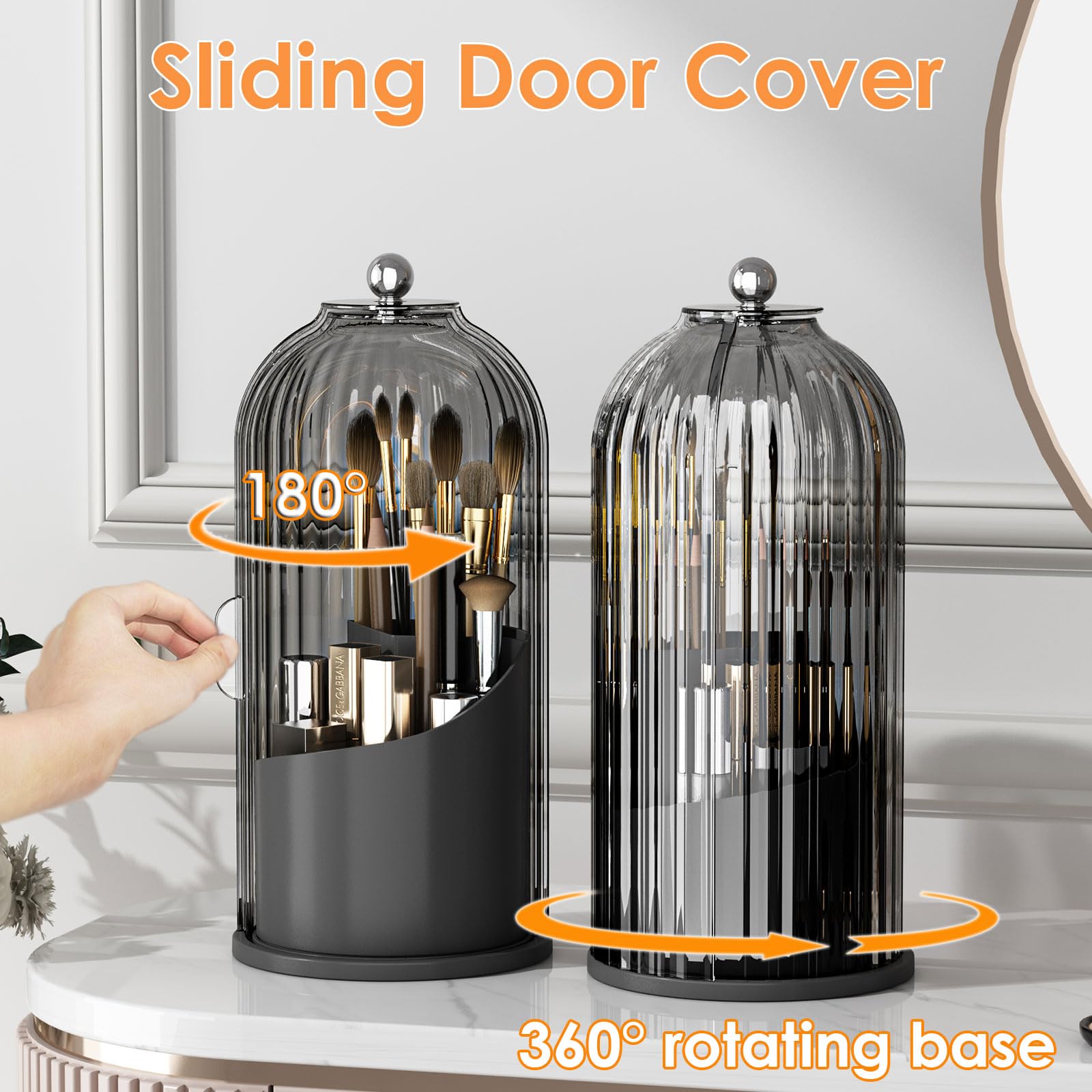 YOOLENS Makeup Brush Holder with Lid 360 Rotating Clear Dustproof Make Up Organizers for Vanity Bathroom Countertop, Black