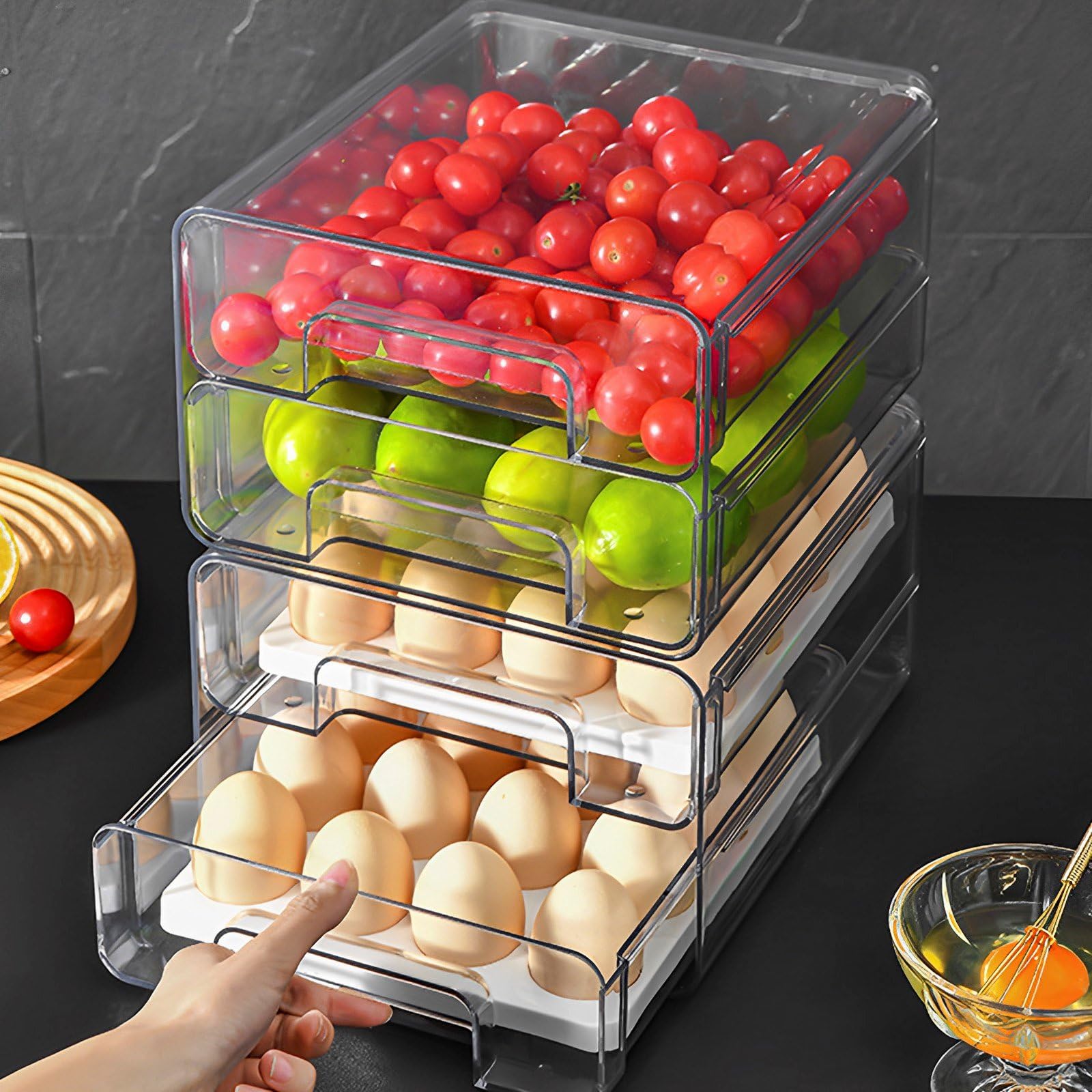 ZENVY 3-Pack Double Layer Fridge Storage Container | Clear Food Storage Pull Out Bins | For Fridge, Pantry, Or Toy Orginization (3)