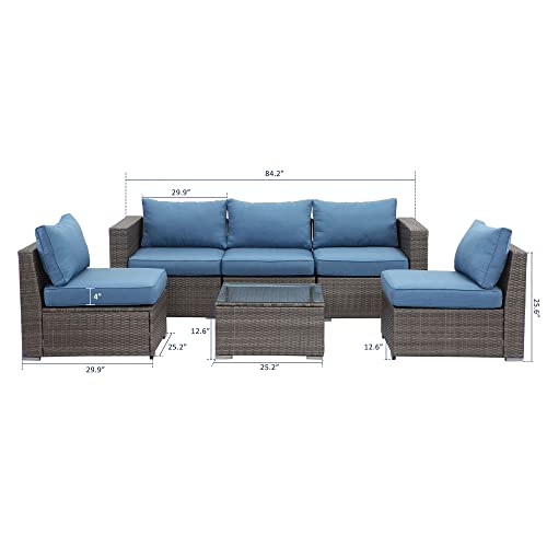 Solaste 6 Piece Patio Furniture Set, Outdoor Sectional Sofa with Tempered Glass Coffee Table, Wicker Rattan Patio Conversation Set with Cushions for Balcony, Backyard, Porch, Lawn, Blue