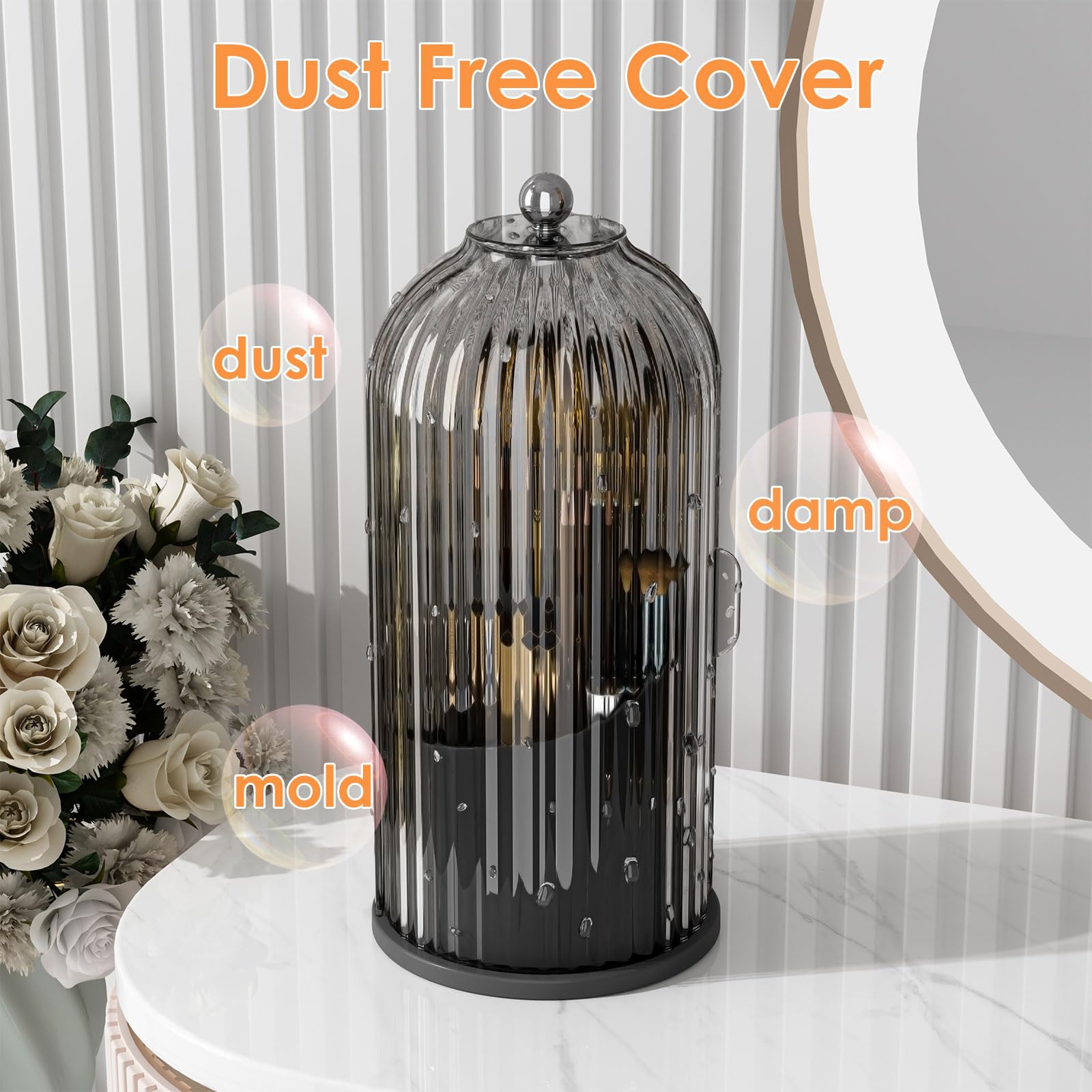 YOOLENS Makeup Brush Holder with Lid 360 Rotating Clear Dustproof Make Up Organizers for Vanity Bathroom Countertop, Black