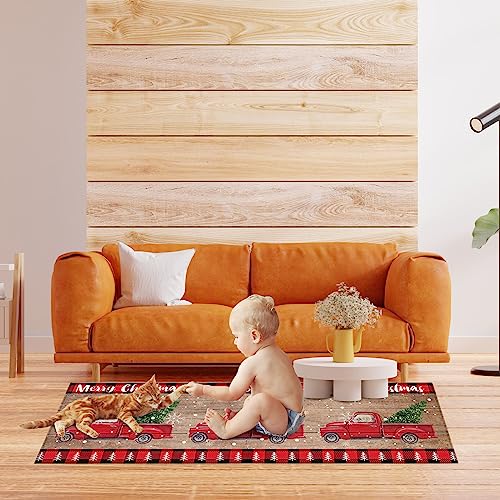 Christmas Kitchen Rugs, Xmas Tree Red Truck Kitchen Rug, Kitchen Mat Kitchen Gadgets, Kitchen Mats for Floor, Runner Rug for Laundry Room Decor, Kitchen Organization Floor Mats, 2pc Kitchen Runner Rug