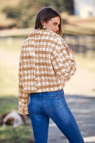 PRETTYGARDEN Women's Fall Plaid Shacket Jacket Faux Fur Lapel Open Front Cropped Winter Coats Outerwear (Light Khaki,Small)