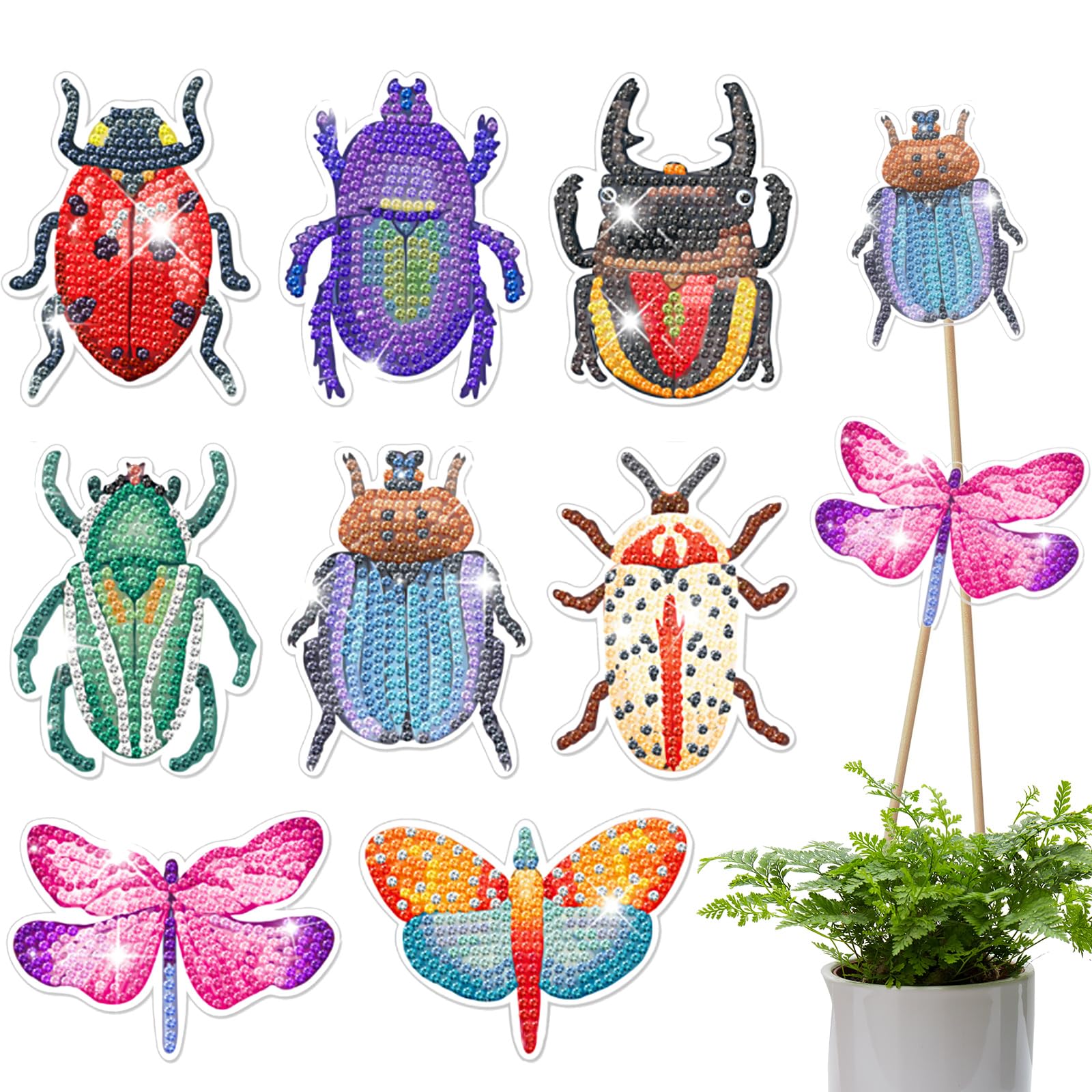 8 Piece Color Insects Diamond Art Painting Kits, Insects Diamond Stakes Painting Art Club for Adults Kids Home Crafts Garden Decor