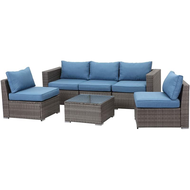 Solaste 6 Piece Patio Furniture Set, Outdoor Sectional Sofa with Tempered Glass Coffee Table, Wicker Rattan Patio Conversation Set with Cushions for Balcony, Backyard, Porch, Lawn, Blue