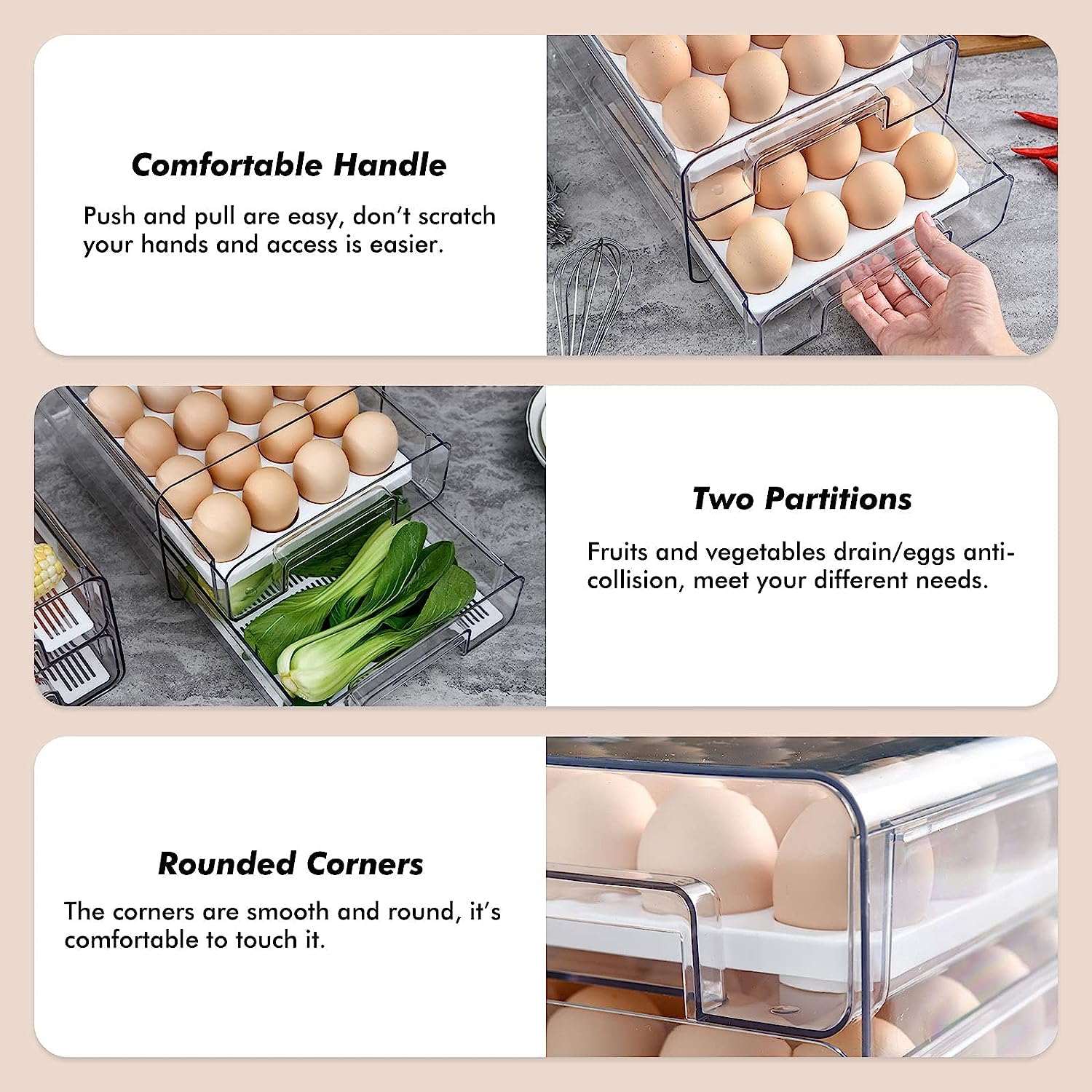 ZENVY 3-Pack Double Layer Fridge Storage Container | Clear Food Storage Pull Out Bins | For Fridge, Pantry, Or Toy Orginization (3)