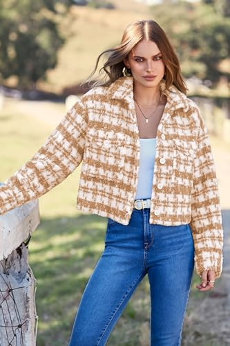 PRETTYGARDEN Women's Fall Plaid Shacket Jacket Faux Fur Lapel Open Front Cropped Winter Coats Outerwear (Light Khaki,Small)