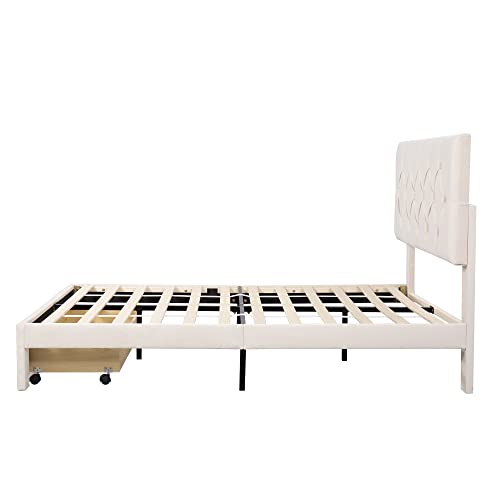 Lifeand Full Size Storage Bed Velvet Upholstered Platform Bed with a Big Drawer - Beige
