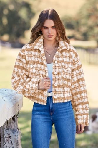 PRETTYGARDEN Women's Fall Plaid Shacket Jacket Faux Fur Lapel Open Front Cropped Winter Coats Outerwear (Light Khaki,Small)