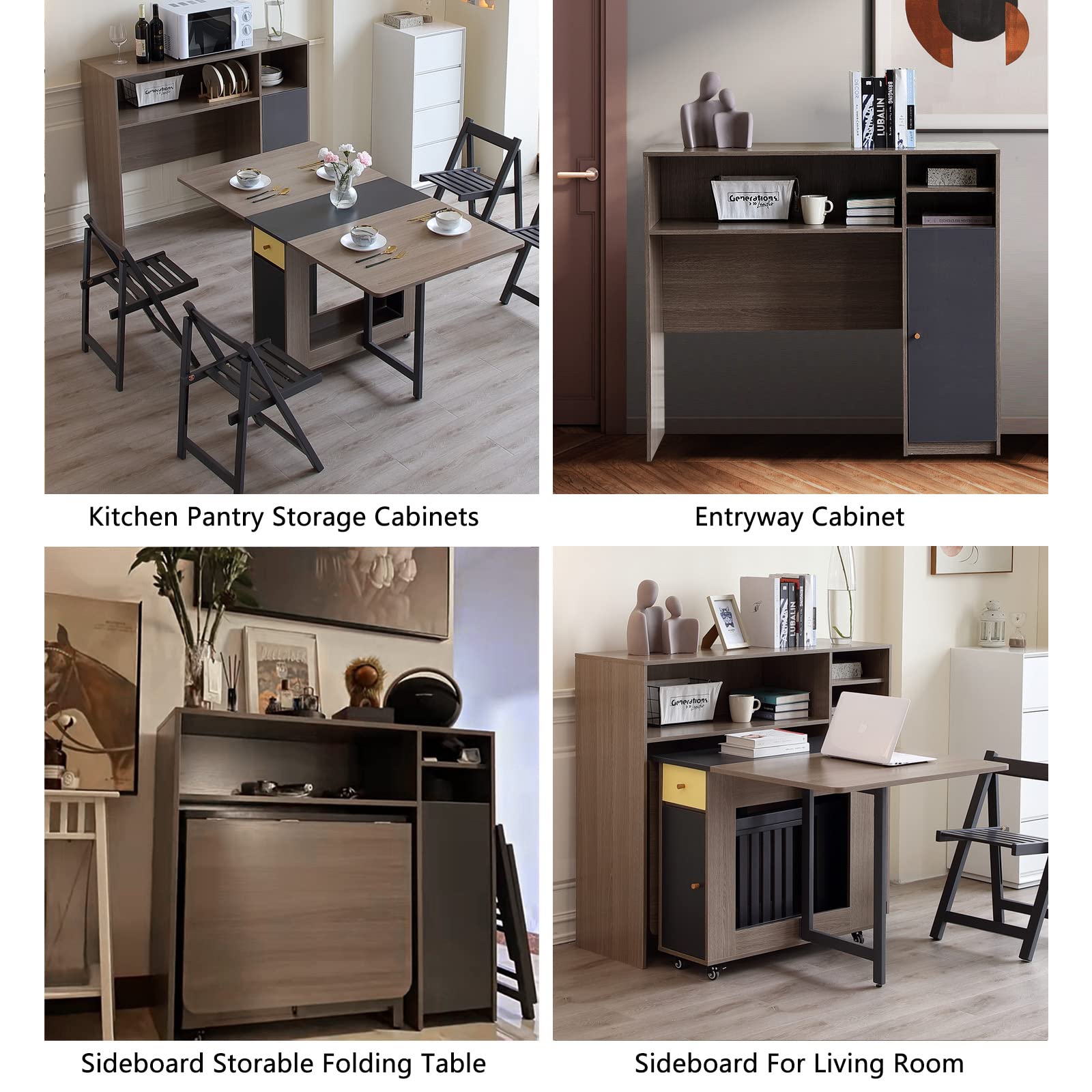 FUNROLUX Folding Dining Table and Sideboard Cabinet and Folding Dining Chairs 2 Pack, Movable Kitchen Table and Buffet Cabinet with Storage Space (Grey)