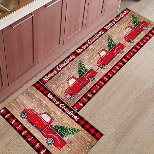 Christmas Kitchen Rugs, Xmas Tree Red Truck Kitchen Rug, Kitchen Mat Kitchen Gadgets, Kitchen Mats for Floor, Runner Rug for Laundry Room Decor, Kitchen Organization Floor Mats, 2pc Kitchen Runner Rug