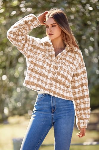 PRETTYGARDEN Women's Fall Plaid Shacket Jacket Faux Fur Lapel Open Front Cropped Winter Coats Outerwear (Light Khaki,Small)