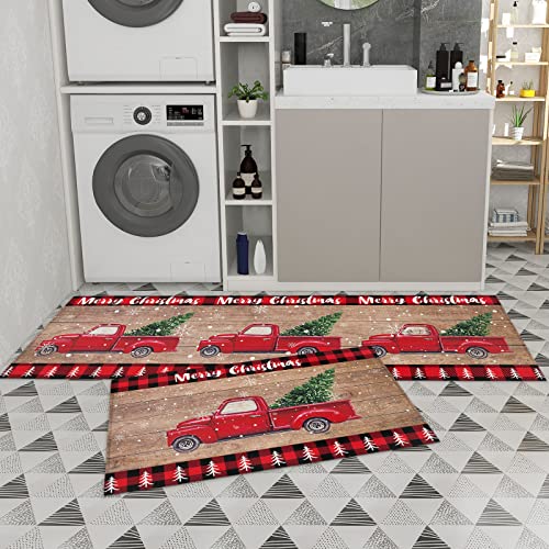 Christmas Kitchen Rugs, Xmas Tree Red Truck Kitchen Rug, Kitchen Mat Kitchen Gadgets, Kitchen Mats for Floor, Runner Rug for Laundry Room Decor, Kitchen Organization Floor Mats, 2pc Kitchen Runner Rug