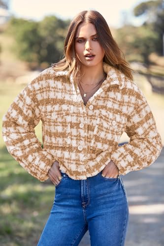 PRETTYGARDEN Women's Fall Plaid Shacket Jacket Faux Fur Lapel Open Front Cropped Winter Coats Outerwear (Light Khaki,Small)