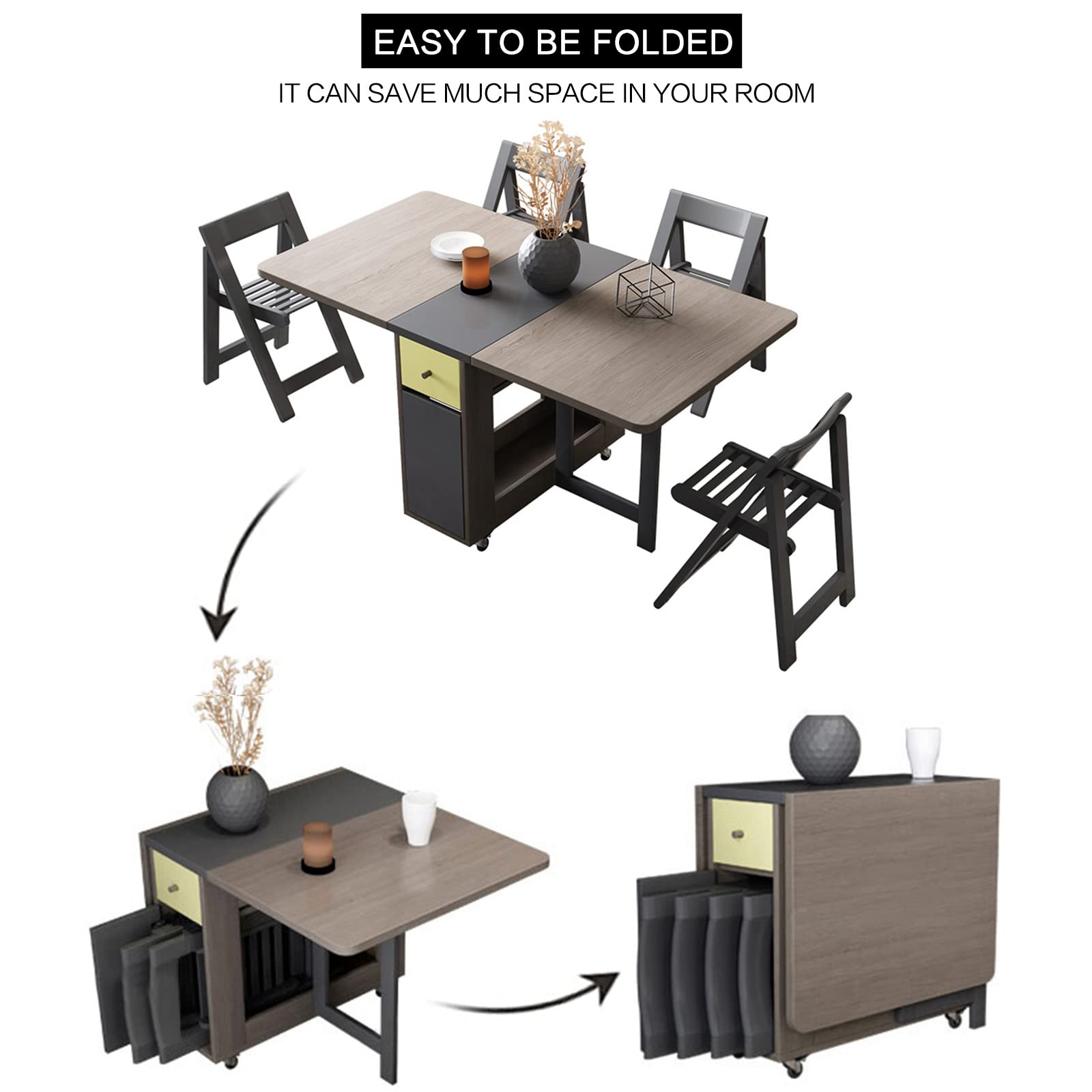 FUNROLUX Folding Dining Table and Sideboard Cabinet and Folding Dining Chairs 2 Pack, Movable Kitchen Table and Buffet Cabinet with Storage Space (Grey)