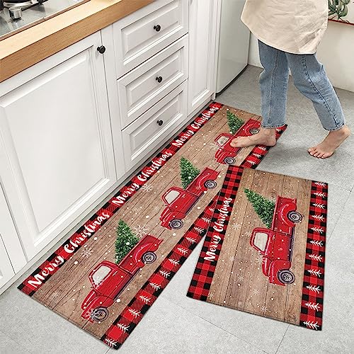 Christmas Kitchen Rugs, Xmas Tree Red Truck Kitchen Rug, Kitchen Mat Kitchen Gadgets, Kitchen Mats for Floor, Runner Rug for Laundry Room Decor, Kitchen Organization Floor Mats, 2pc Kitchen Runner Rug