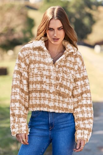 PRETTYGARDEN Women's Fall Plaid Shacket Jacket Faux Fur Lapel Open Front Cropped Winter Coats Outerwear (Light Khaki,Small)