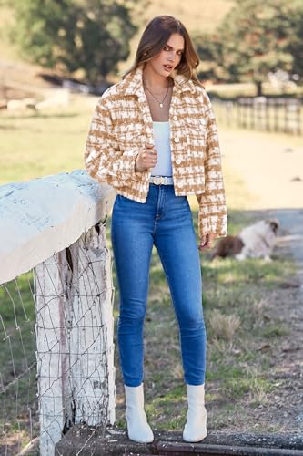 PRETTYGARDEN Women's Fall Plaid Shacket Jacket Faux Fur Lapel Open Front Cropped Winter Coats Outerwear (Light Khaki,Small)