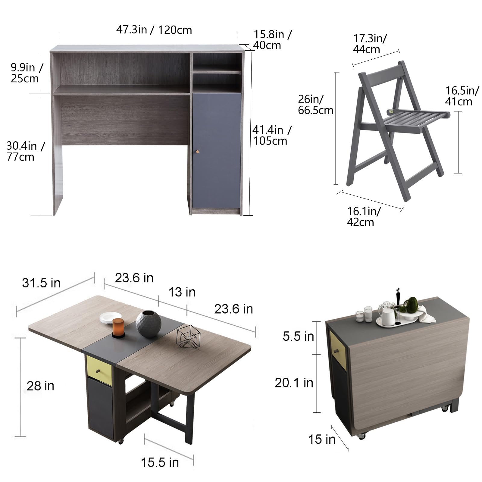FUNROLUX Folding Dining Table and Sideboard Cabinet and Folding Dining Chairs 2 Pack, Movable Kitchen Table and Buffet Cabinet with Storage Space (Grey)
